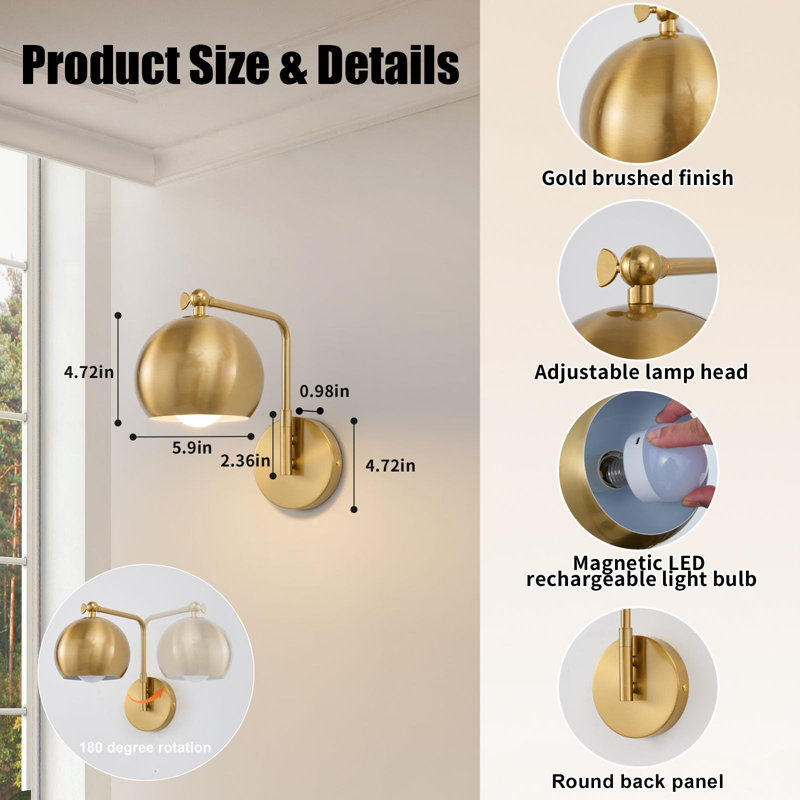 Everly Quinn Gold Battery Operated Wall Sconces Set of 2 | Wayfair